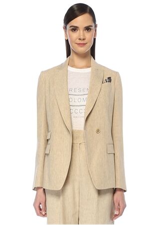 Brunello Cucinelli Kadın Bej Poşet Mendil Detaylı Kruvaze Keten Ceket 38 IT