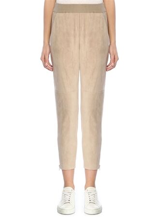 Brunello Cucinelli Kadın Taş Beli Lastikli Paçası Fermuarlı Süet Pantolon Gri 42 IT