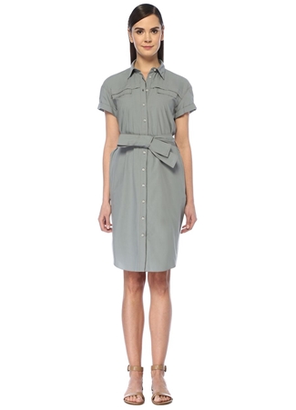 Brunello Cucinelli Kadın Mavi Zincir Şeritli Kuşaklı Midi Gömlek Elbise XS EU