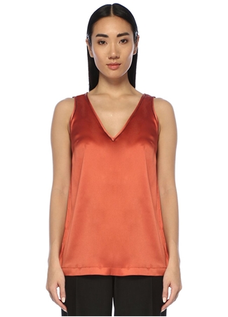 Brunello Cucinelli Kadın Kiremit V Yaka Zincir Şeritli İpek Saten Bluz Kırmızı S EU