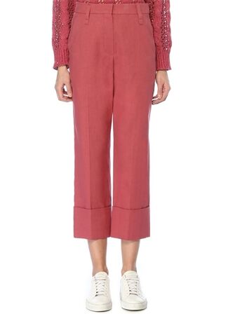 Brunello Cucinelli Kadın Pembe Yüksek Bel Paçası Katlı Keten Pantolon 38 IT