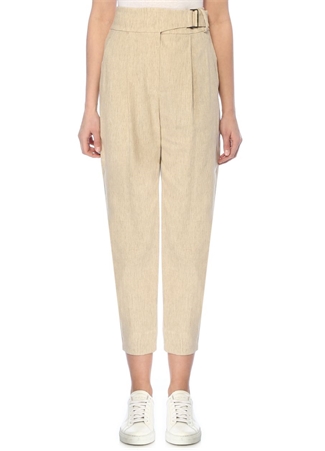 Brunello Cucinelli Kadın Bej Yüksek Bel Kemerli Pilili Keten Pantolon 40 IT