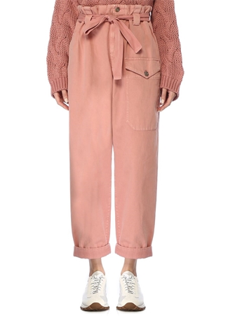 Brunello Cucinelli Kadın Pembe Beli Kuşaklı Bol Kesim Denim Pantolon 42 IT