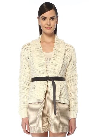 Brunello Cucinelli Kadın Krem Şal Yaka Kontrast Kemerli Örgü Hırka Bej L EU