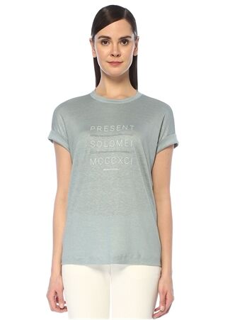 Brunello Cucinelli Kadın Mavi Baskılı Zincir Şeritli Keten T-shirt S EU