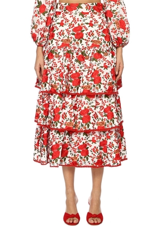 Alexis Kadın Doretta Kırmızı Çiçek Nakışlı Volanlı Midi Etek S EU