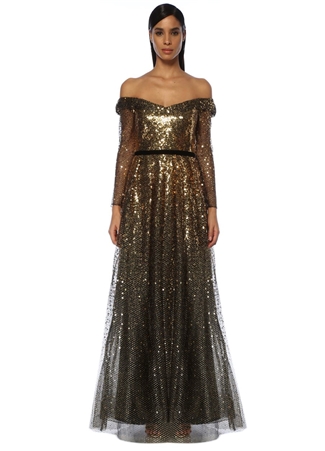 Marchesa Notte Kadın Gold Düşük Omuzlu İşlemeli Maksi Abiye Elbise Siyah 2 US