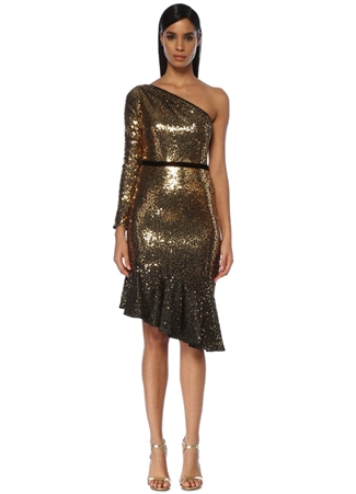Marchesa Notte Kadın Gold Siyah Tek Kol İşlemeli Midi Kokteyl Elbise 0 US