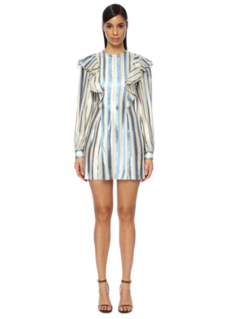 Alberta Ferretti Kadın Mavi Krem Simli Çizgili Volanlı Mini İpek Elbise 40 IT Alberta Ferretti Kadın Mavi Krem Simli Çizgili Volanlı Mini İpek Elbise 40 IT