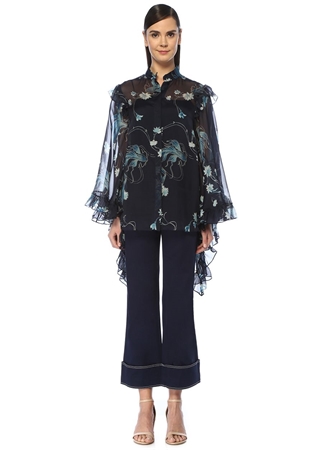 Alberta Ferretti Kadın Lacivert Hakim Yaka Çiçekli Fırfırlı İpek Gömlek 42 IT