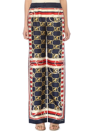 Alberta Ferretti Kadın Lacivert Beli Lastikli Logo Motifli İpek Pantolon 40 IT