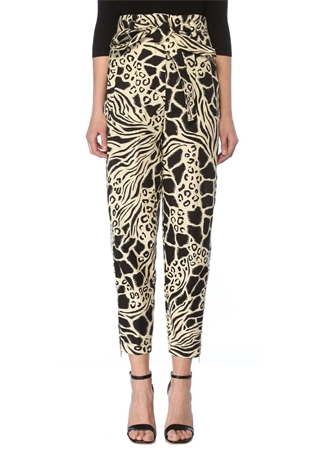 Alberta Ferretti Kadın Siyah Krem Leopar Desenli Kuşaklı Keten Pantolon 42 IT
