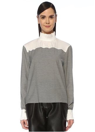 Philosophy di Lorenzo Serafini Kadın Siyah Beyaz Dik Yaka Çizgili Pilili Poplin Bluz 38 IT