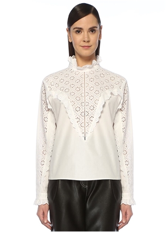 Philosophy di Lorenzo Serafini Kadın Beyaz Dik Yaka Dantel Garnili Poplin Bluz 44 IT
