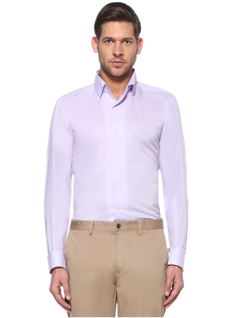 Luciano Barbera Erkek Lila Mikro Desenli Polo Yaka Gömlek Mor XXL EU