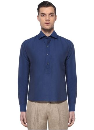 Luciano Barbera Erkek Lacivert İtalyan Yaka Keten Gömlek XXL EU