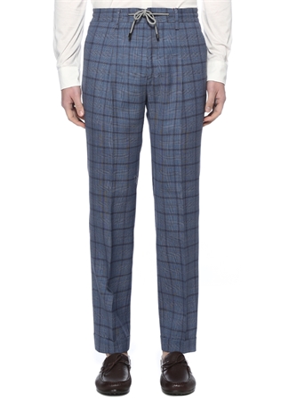 Luciano Barbera Erkek Mavi Beli Kordonlu Ekoseli Pilili Yün Pantolon 48 IT