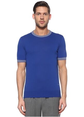 Luciano Barbera Erkek Lacivert Dokulu Ribanalı Kısa Kollu Triko Mavi 52 IT