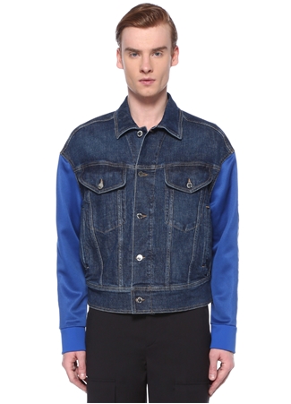 Neil Barrett Erkek Mavi Polo Yaka Kolu Triko Garnili Denim Mont M EU