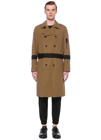 Neil Barrett Erkek Slim Fit Bej Kelebek Yaka Beli Kuşaklı Pardösü 46 IT