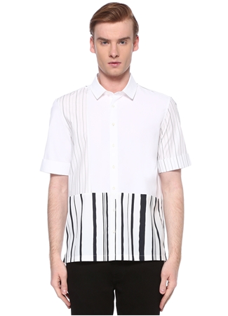 Neil Barrett Erkek Siyah Beyaz Polo Yaka Çizgili Kısa Kollu Gömlek M EU