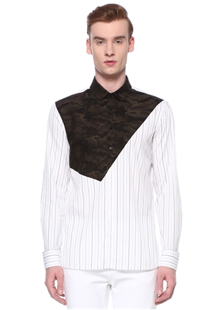 Neil Barrett Erkek Slim Fit Beyaz Polo Yaka Çizgili Kamuflajlı Gömlek Haki S EU