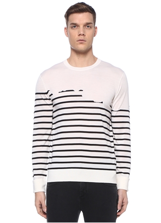 Neil Barrett Erkek Beyaz Siyah Çizgi Desenli Yün Kazak L EU