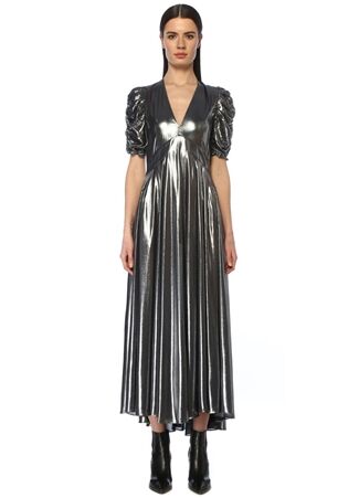 Zadig&Voltaire Kadın Roya Silver V Yaka Karpuz Kol Maksi Elbise Gri XS EU