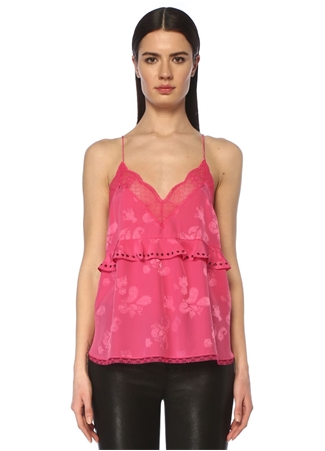 Zadig&Voltaire Kadın Charlie Şeftali V Yaka Jakarlı Dantelli Bluz Pembe M EU