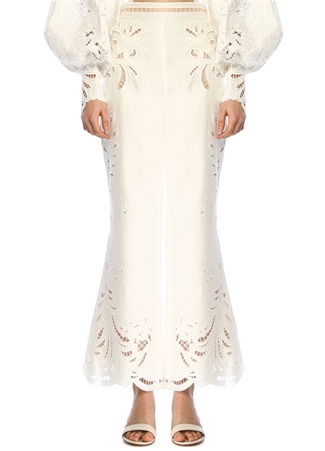 Zimmermann Kadın Beyaz Yüksek Bel Nakışlı Bol Paça Keten Pantolon Bej 0 US