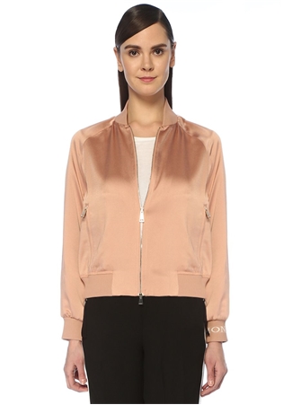 Moncler Kadın Altın Rengi Dik Yaka Şeritli Saten Bomber Ceket Pembe 40 IT