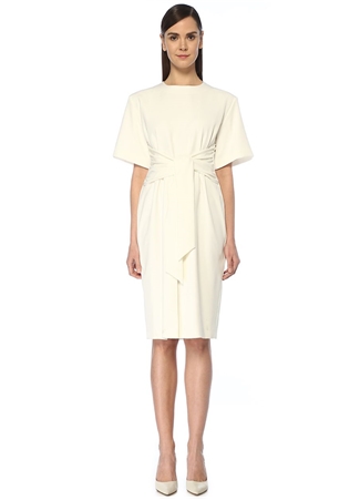 Sara Battaglia Kadın Beyaz Önü Bağcıklı Kısa Kol Midi Elbise 40 IT