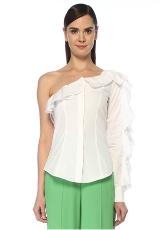Sara Battaglia Kadın Beyaz Tek Kol Asimetrik Volanlı Gömlek 38 IT