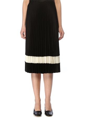 Theory Kadın Siyah Ekru Bloklu Pilili Midi Saten Etek 6 US