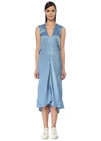 Off-White Kadın Mavi V Yaka Logolu Asimetrik Drapeli Midi Elbise 38 IT