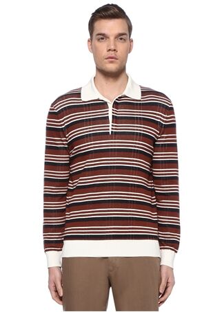 Zegna Erkek Kahverengi Polo Yaka Çizgi Desenli Triko 54 IT