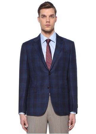 Zegna Erkek Drop 7 Mavi Kelebek Yaka Ekose Desenli Yün Ceket 50 IT