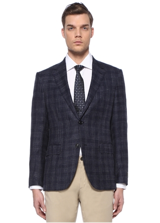 Zegna Erkek Drop 7 Lacivert Kelebek Yaka Kareli Yün Ceket 48 IT
