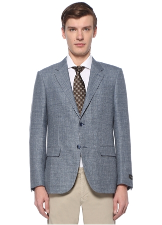 Zegna Erkek Drop 7 Mavi Kelebek Yaka Desenli Keten Ceket 54 IT