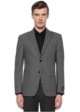 Z Zegna Erkek Drop 7 Gri Siyah Kelebek Yaka Kareli Yün Ceket 52 IT