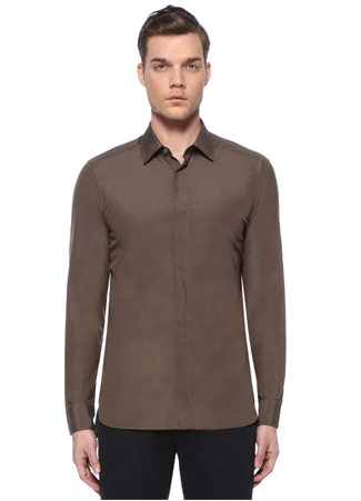 Zegna Erkek Kahverengi Polo Yaka Gömlek Gri 43 IT