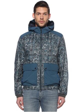 Z Zegna Erkek Mavi Kapüşonlu Mikro Desenli Mont XL EU