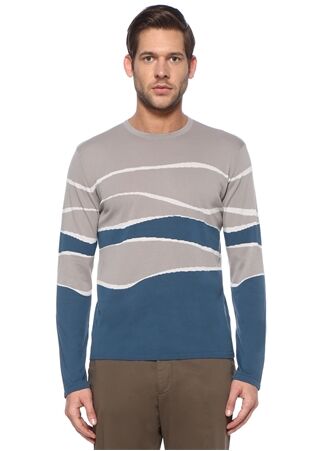 Z Zegna Erkek Gri Mavi Şeritli Basic Kazak XL EU