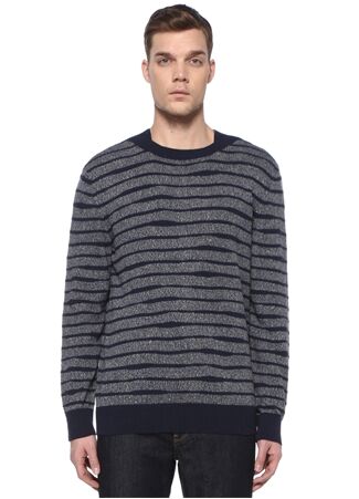 Z Zegna Erkek Mavi Çizgi Desenli Örgü Dokulu Kazak Lacivert L EU