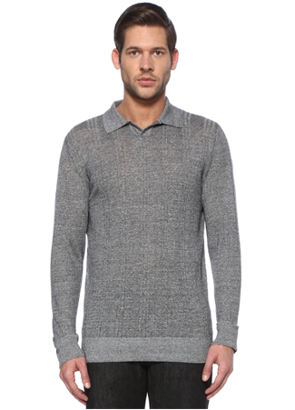 Z Zegna Erkek Gri Melanj Yaka Detaylı Dokulu Keten Kazak Lacivert L EU