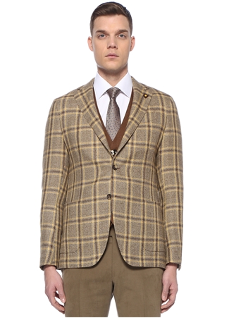 Lardini Erkek Bej Sarı Kelebek Yaka Ekose Desenli Yün Ceket 52 IT