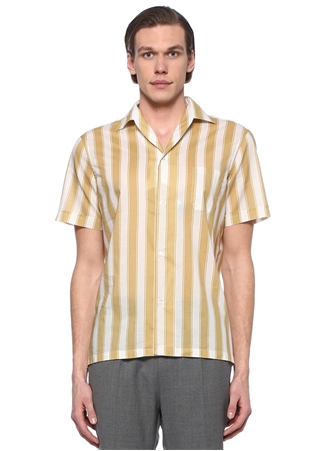 Lardini Erkek Sarı Beyaz Kamp Yaka Çizgili Cepli Gömlek S EU