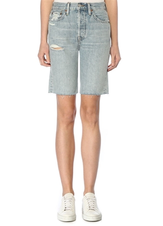 Re/Done Kadın 80s Yüksek Bel Yıpratmalı Jean Şort Mavi 25 US