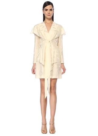 Stella McCartney Kadın Krem V Yaka At Jakarlı Volanlı Mini İpek Elbise Bej 38 IT Stella McCartney Kadın Krem V Yaka At Jakarlı Volanlı Mini İpek Elbise Bej 38 IT