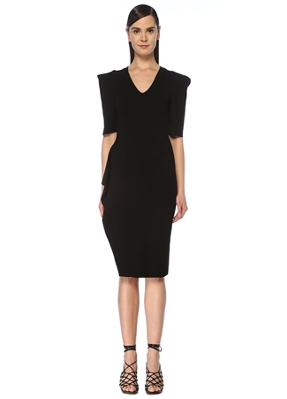 Stella McCartney Kadın Siyah V Yaka Yırtmaç Detaylı Midi Triko Elbise 38 IT